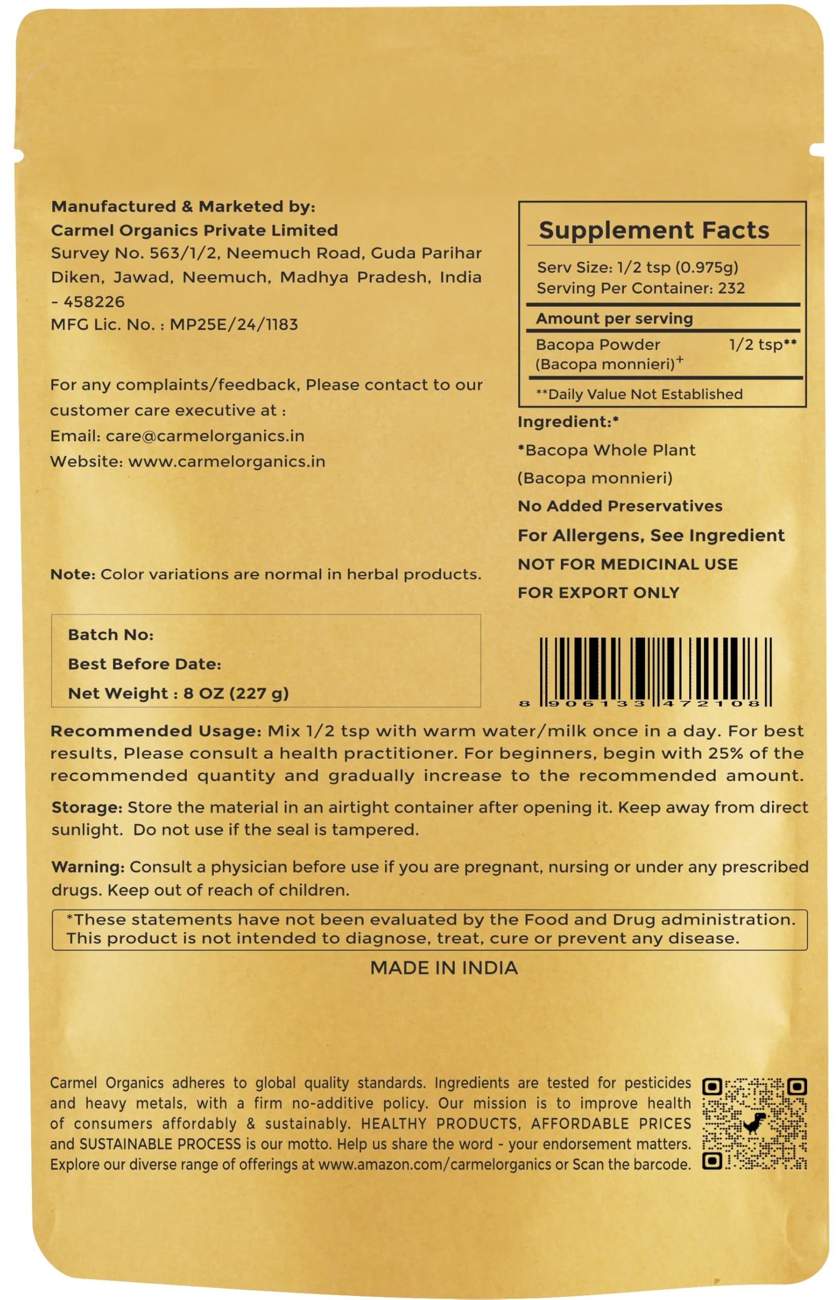 100% organic bacopa monnieri from Canada