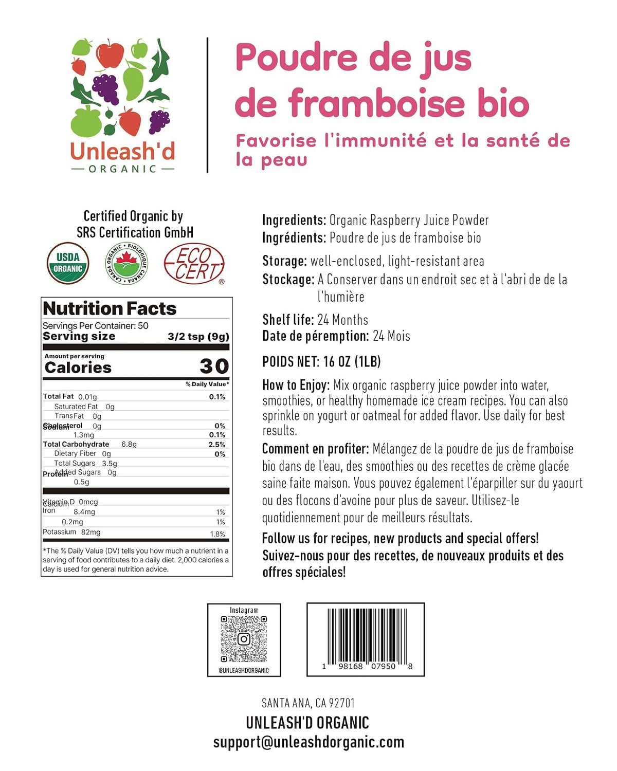 100% pure raspberry juice powder