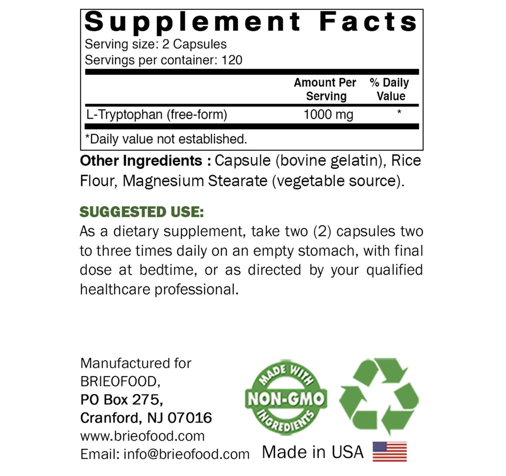 1000mg L-Tryptophan capsules for stress relief