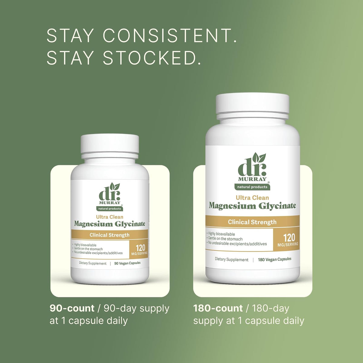 180 count vegan Magnesium Glycinate bottle