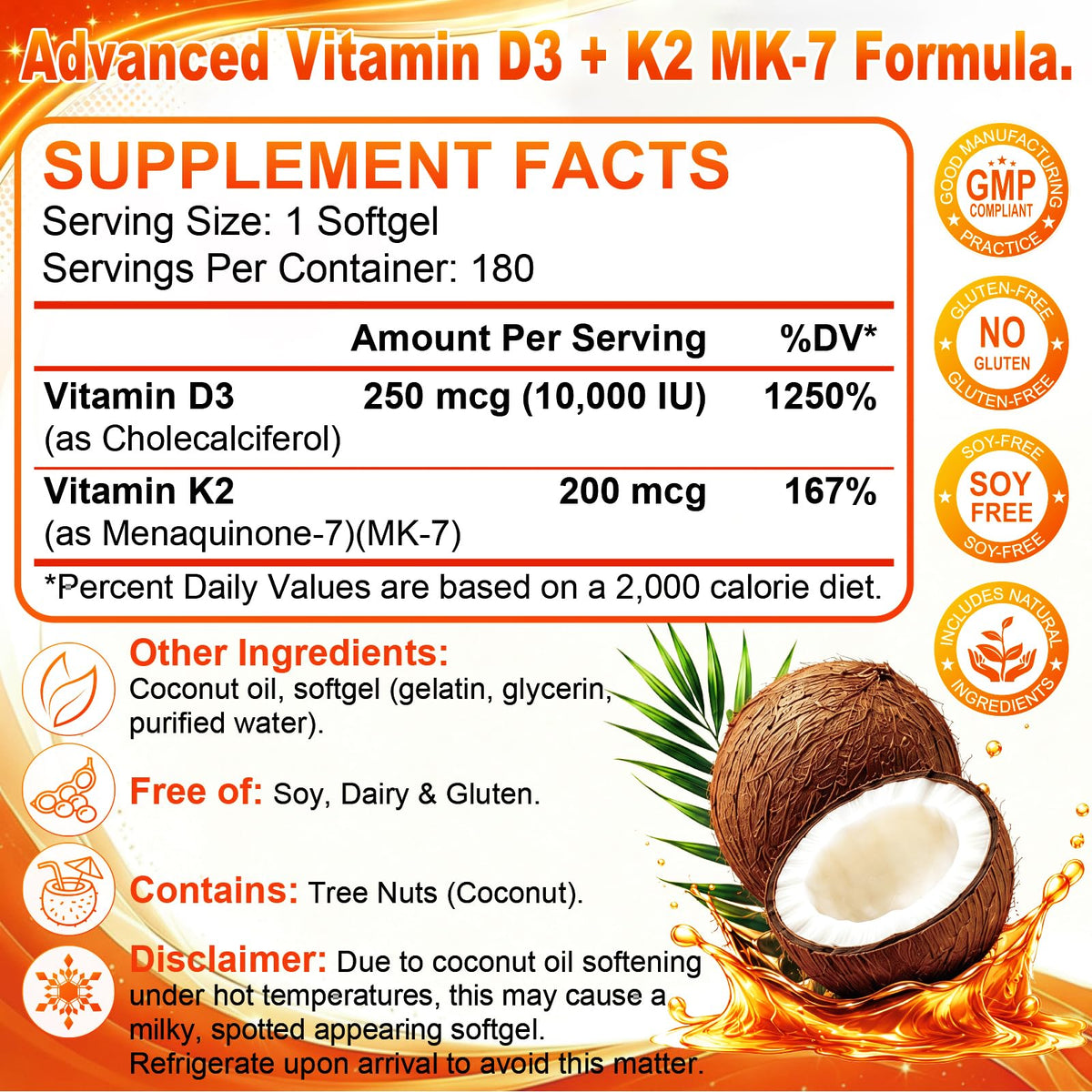 180 softgels of Vitamin D3 K2