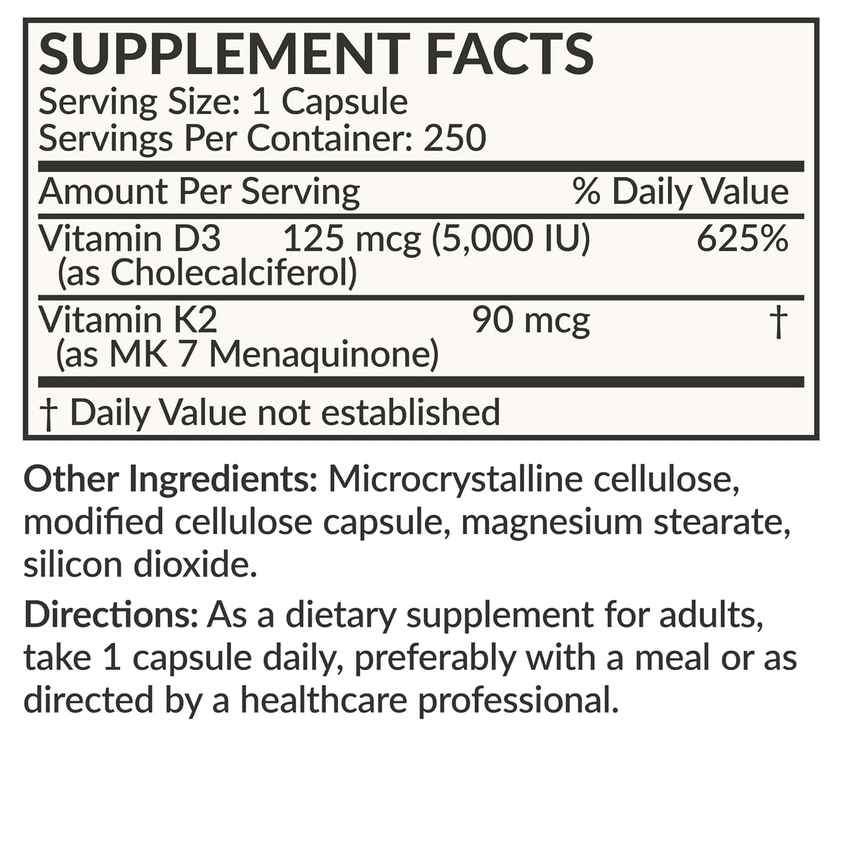 250 capsules of vitamin D3 K2