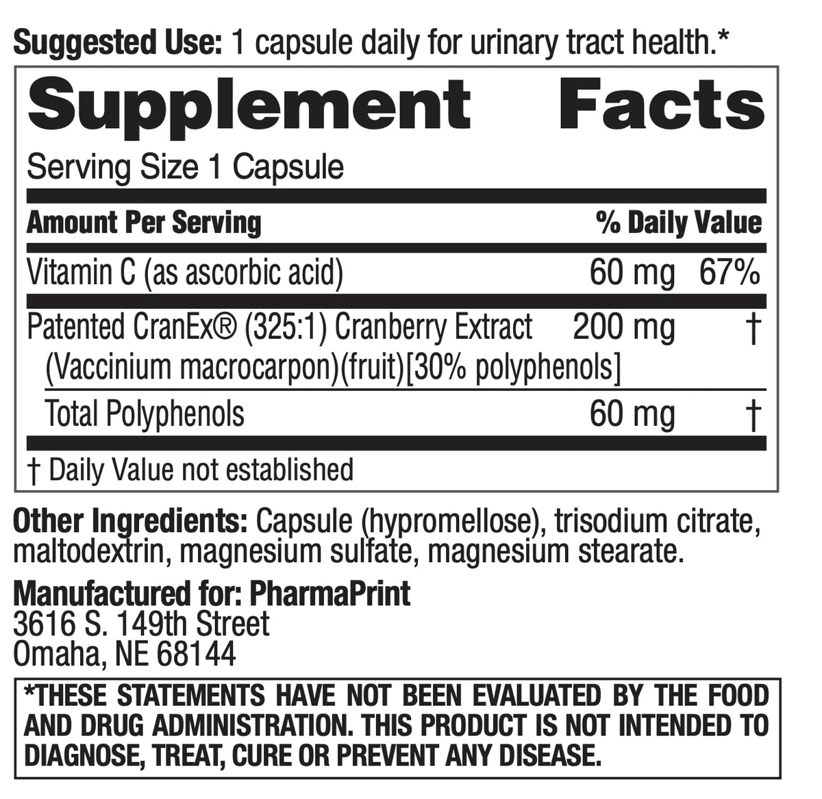 30 capsules of concentrated cranberry extract
