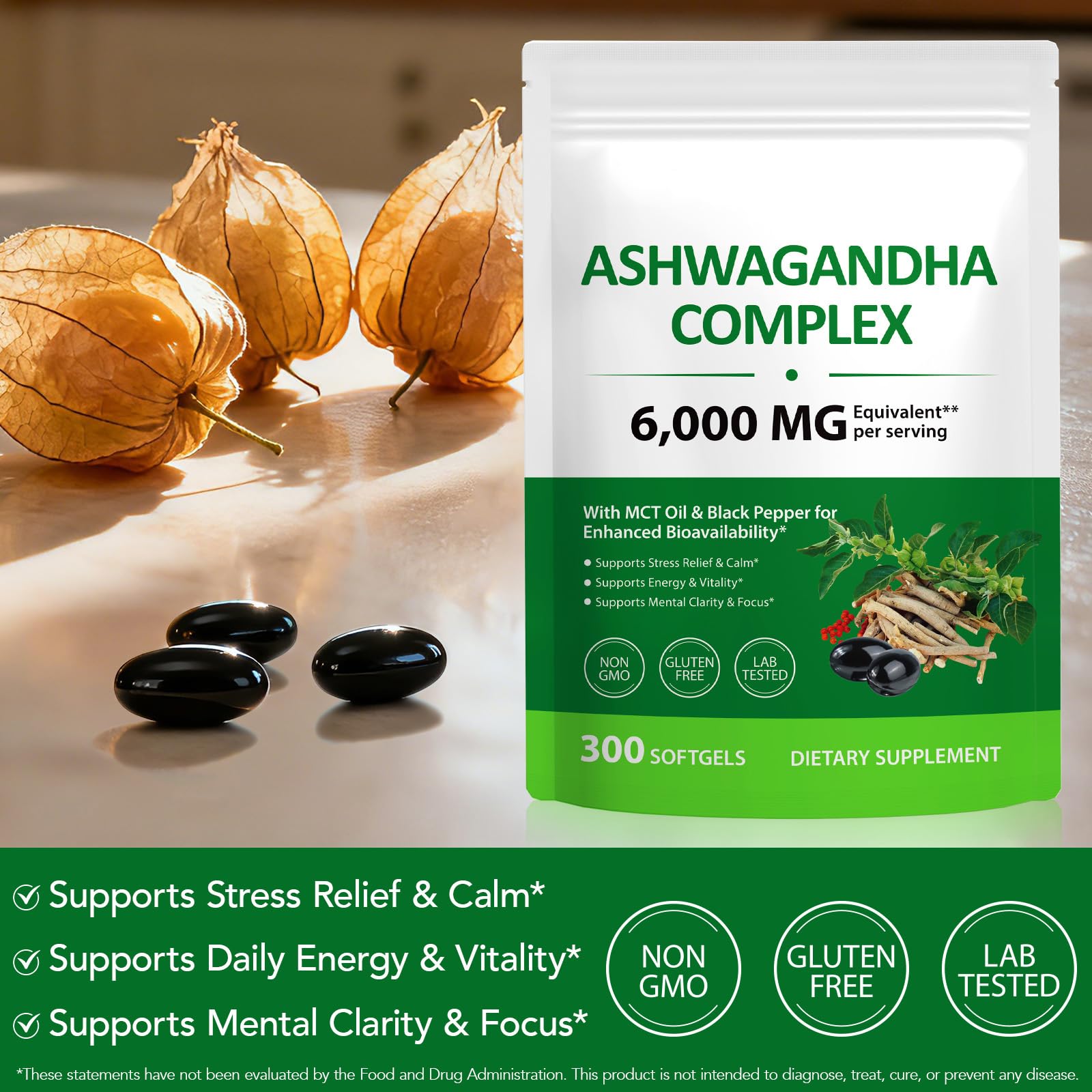 300 mg Ashwagandha softgels for stress relief