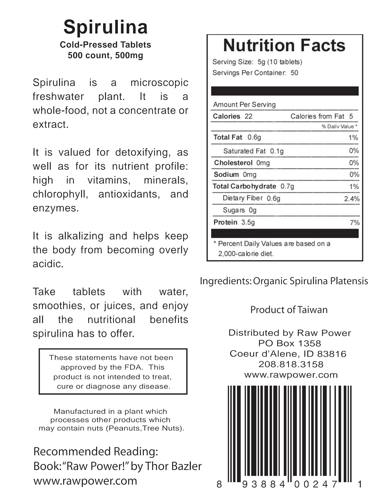 500 mg Raw Power Spirulina tablets