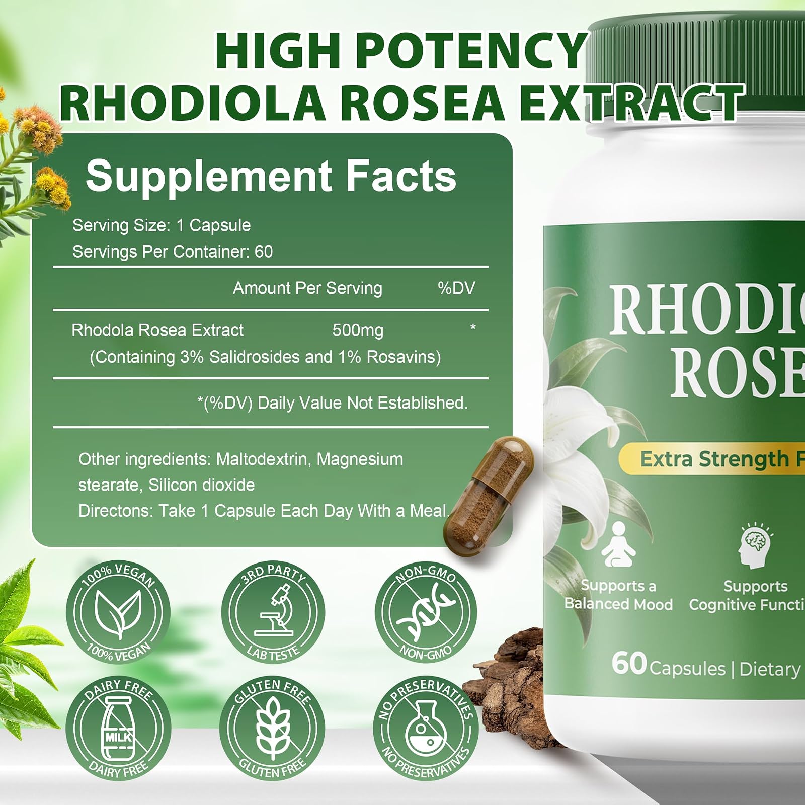 500 mg Rhodiola capsules for energy