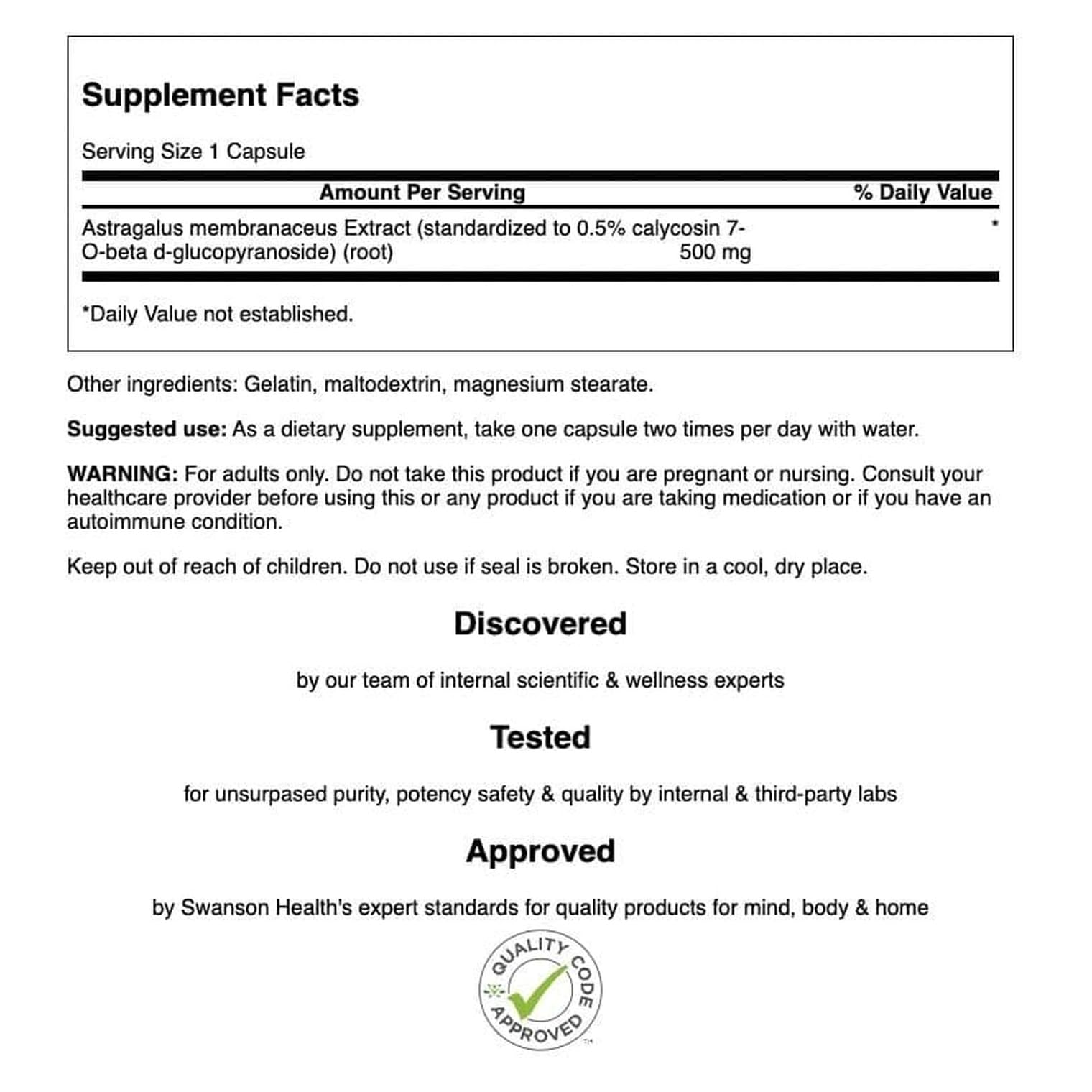 500 mg Swanson Astragalus herbal supplement
