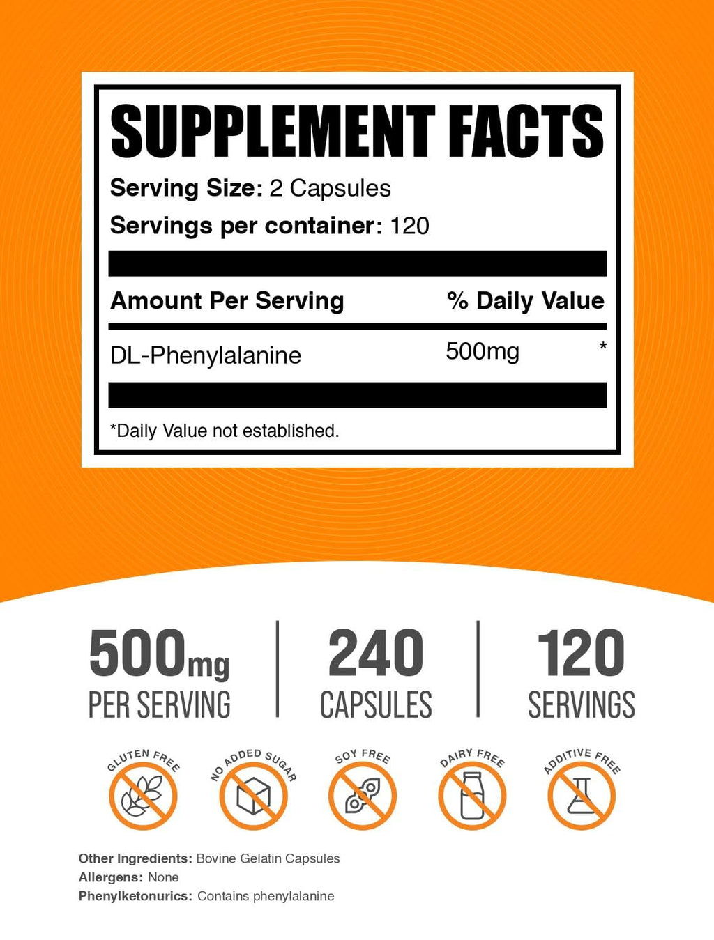 500mg DL-Phenylalanine per serving
