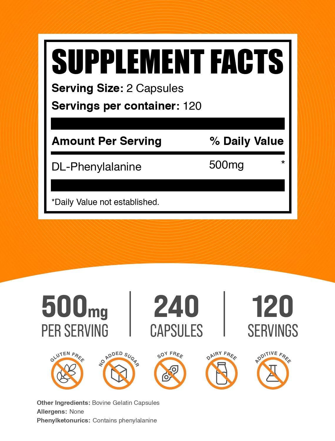500mg DL-Phenylalanine per serving