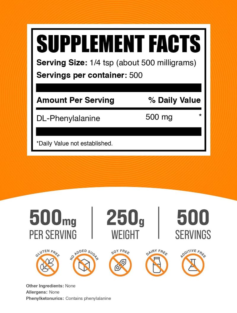 500mg DL-Phenylalanine per serving
