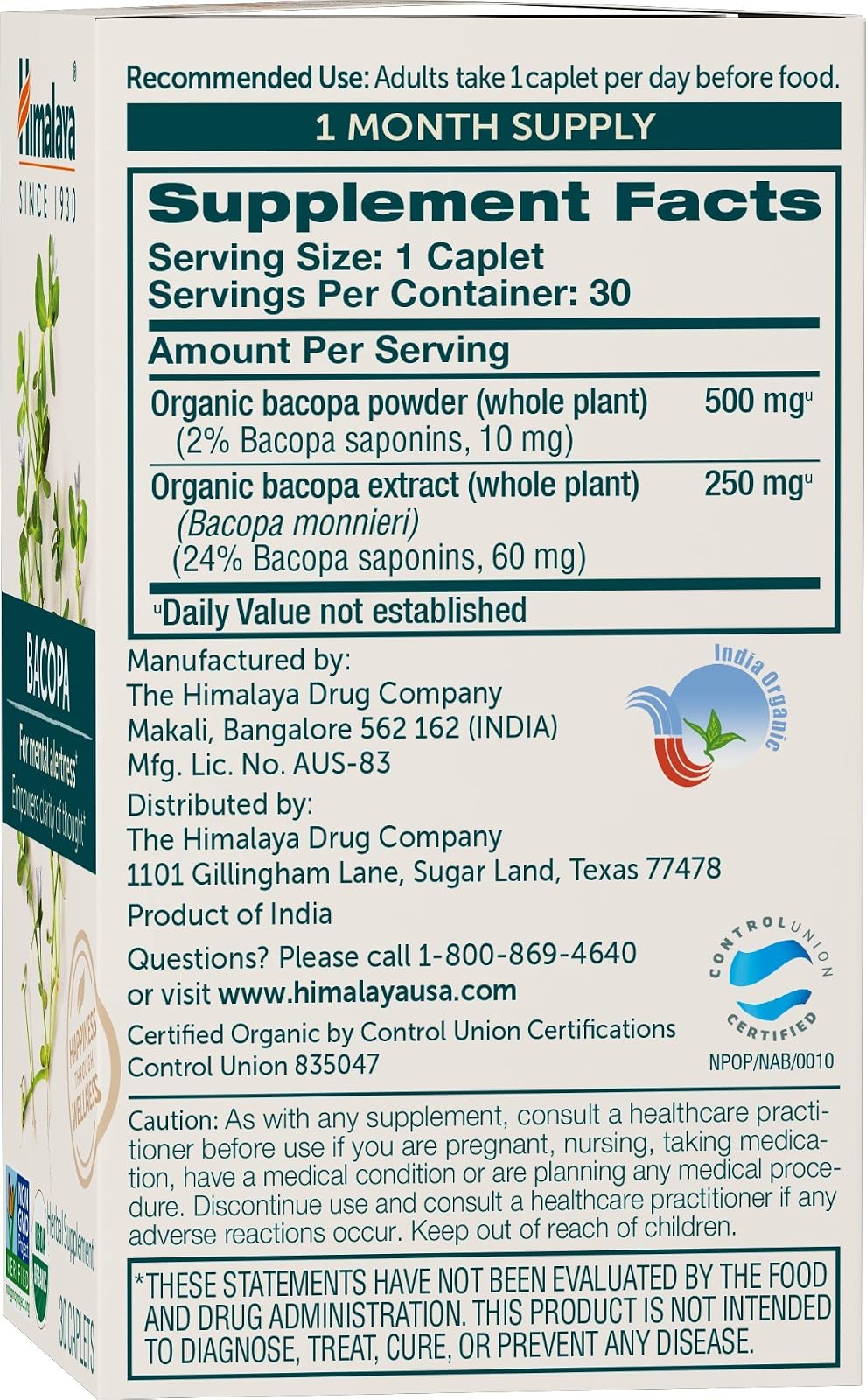 750 mg Bacopa Monnieri herbal supplement