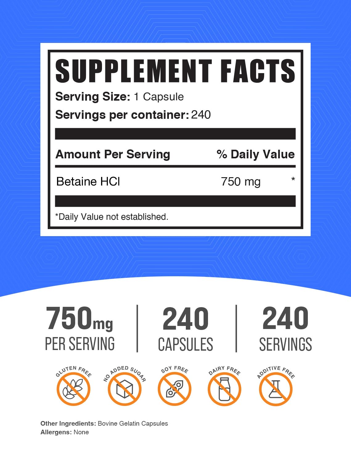 750 mg Betaine HCl for energy