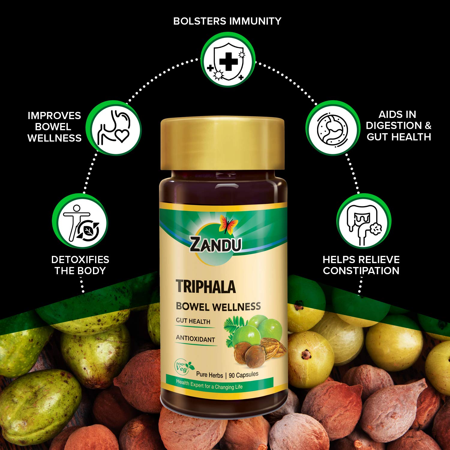 90 vegan capsules of Zandu Triphala