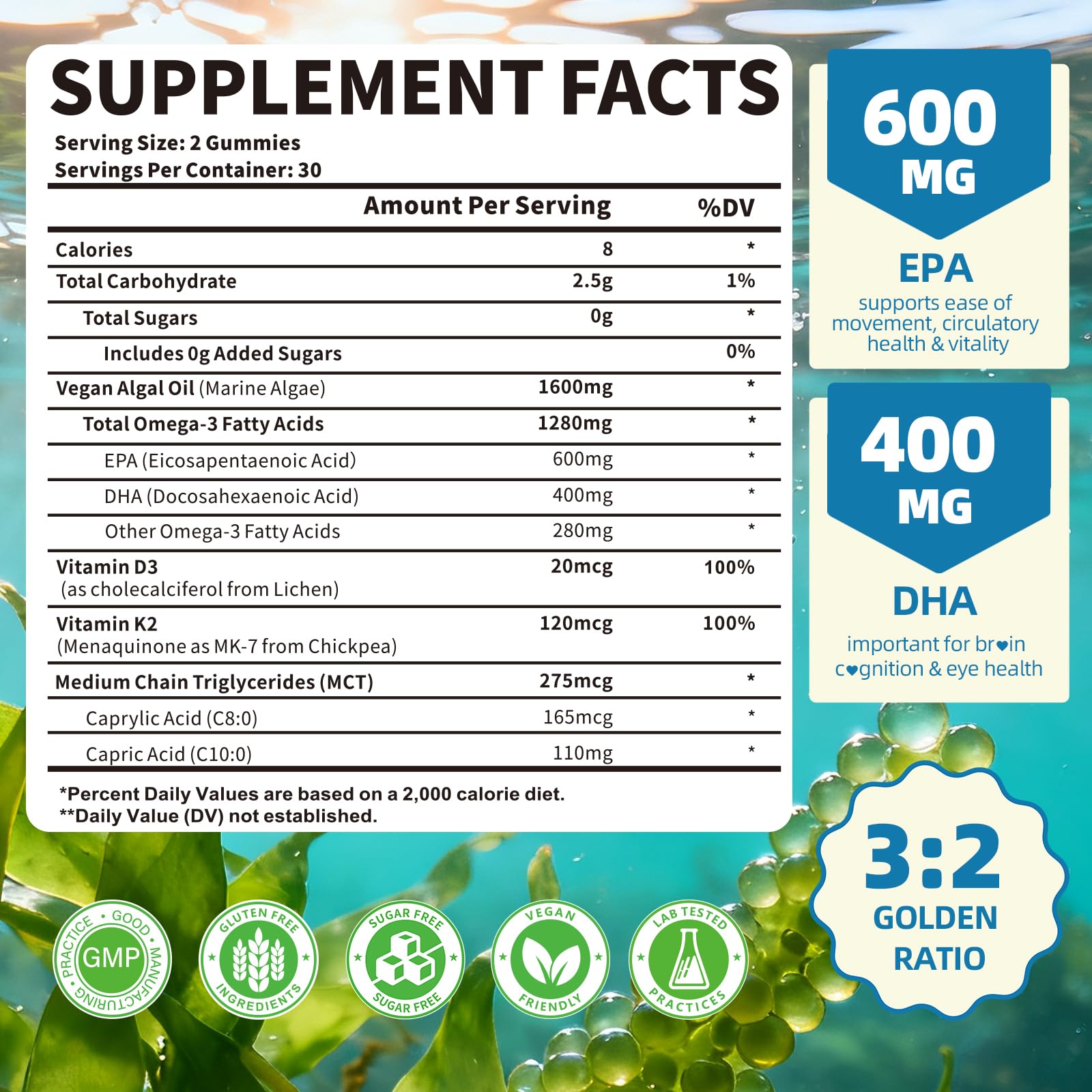 Algae omega 3 vegan supplement for kids