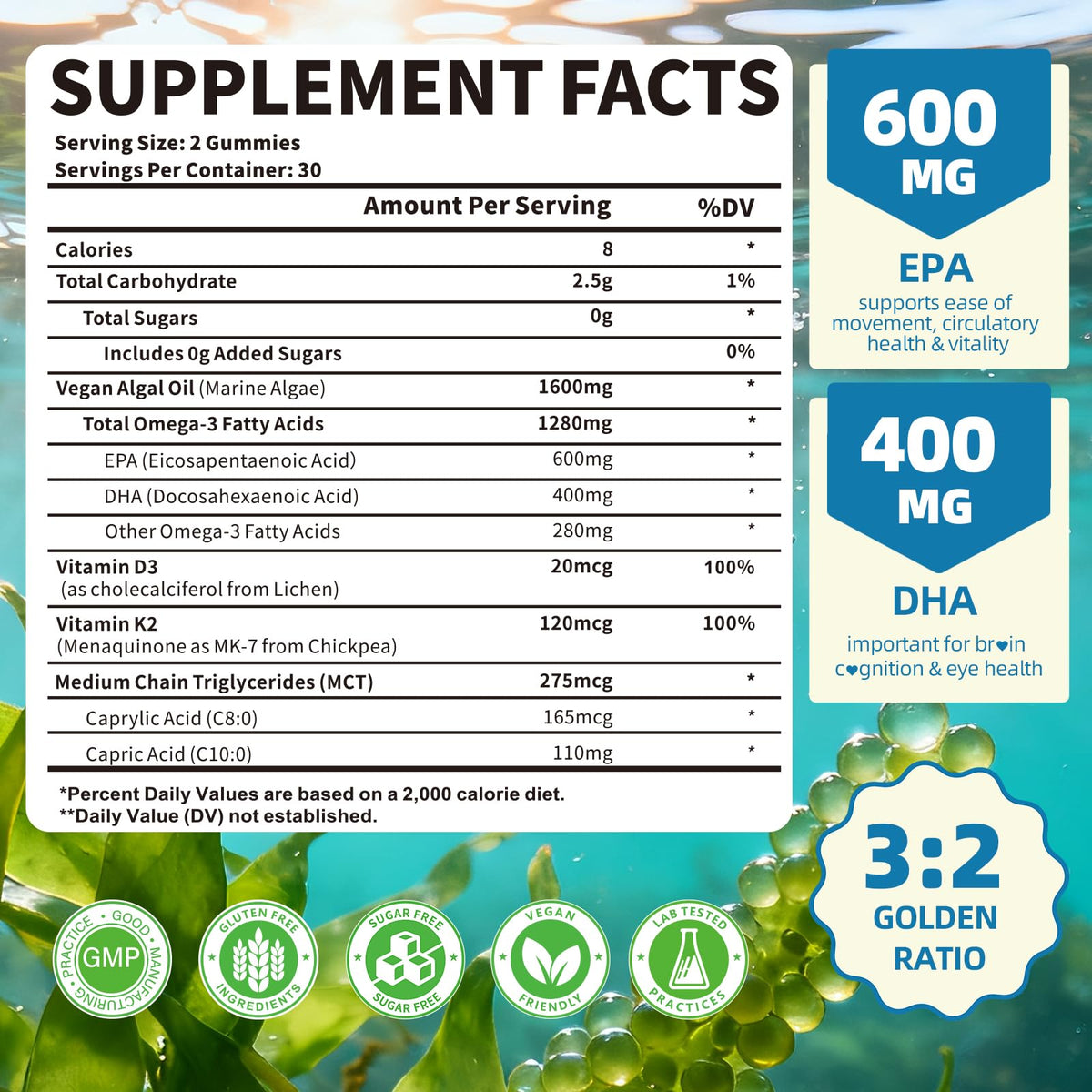 Algae omega 3 vegan supplement