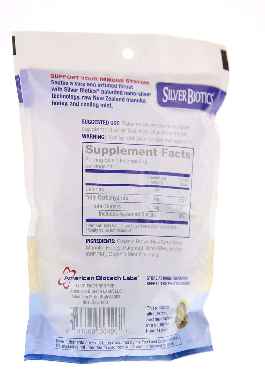 American Biotech Labs silver lozenges 21 count pack