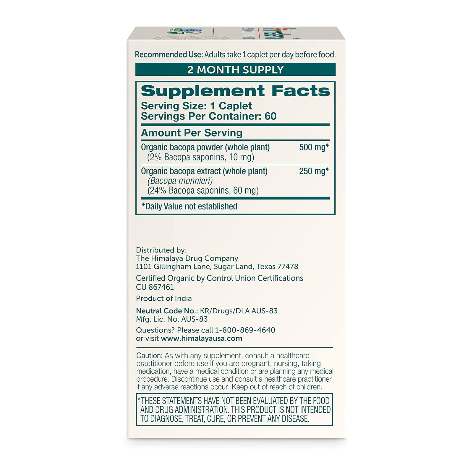 Bacopa Monnieri 750 mg herbal supplement