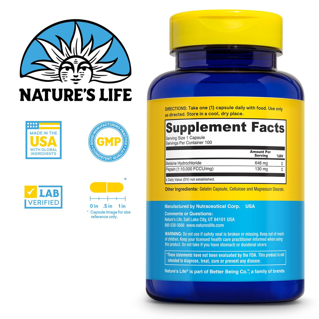 Betaine HCL with Pepsin capsules for energy