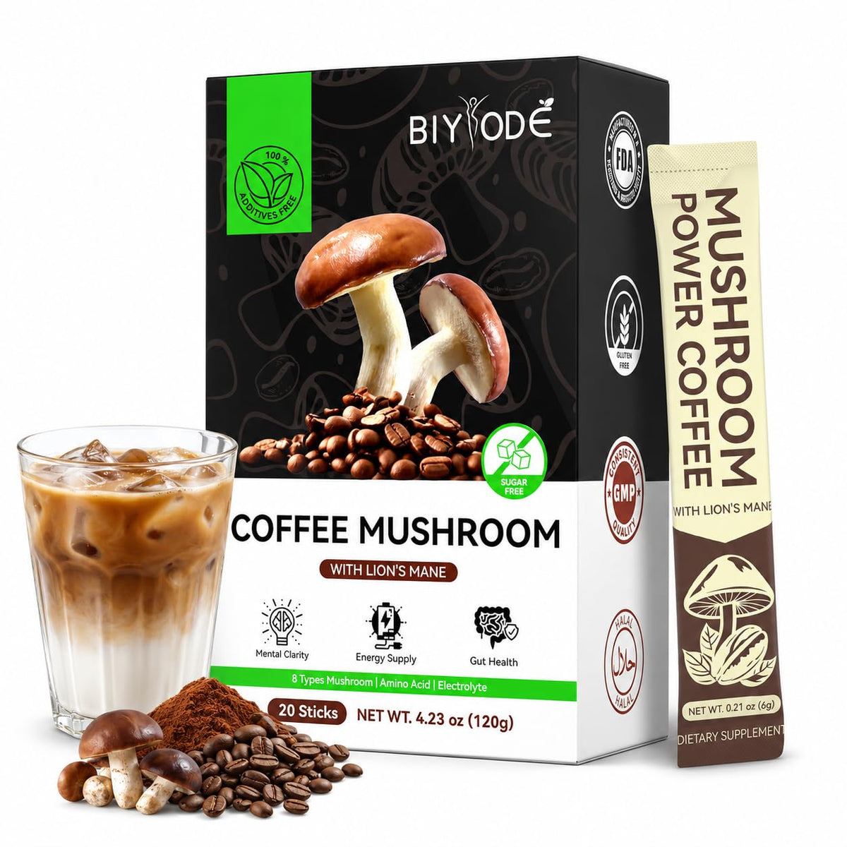BIYODE mushroom coffee instant powder sticks