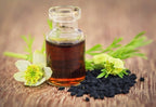 black seed oil in glass bottle