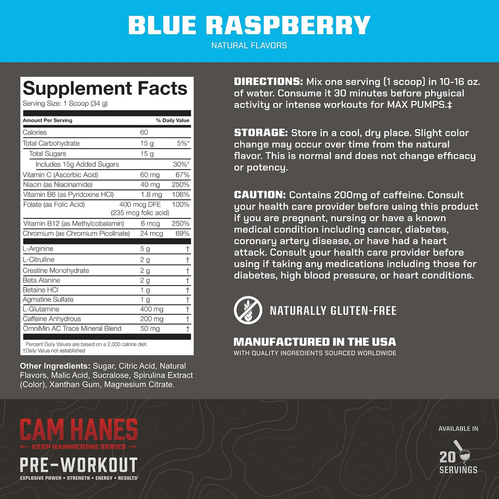 Blue raspberry flavour pre-workout powder