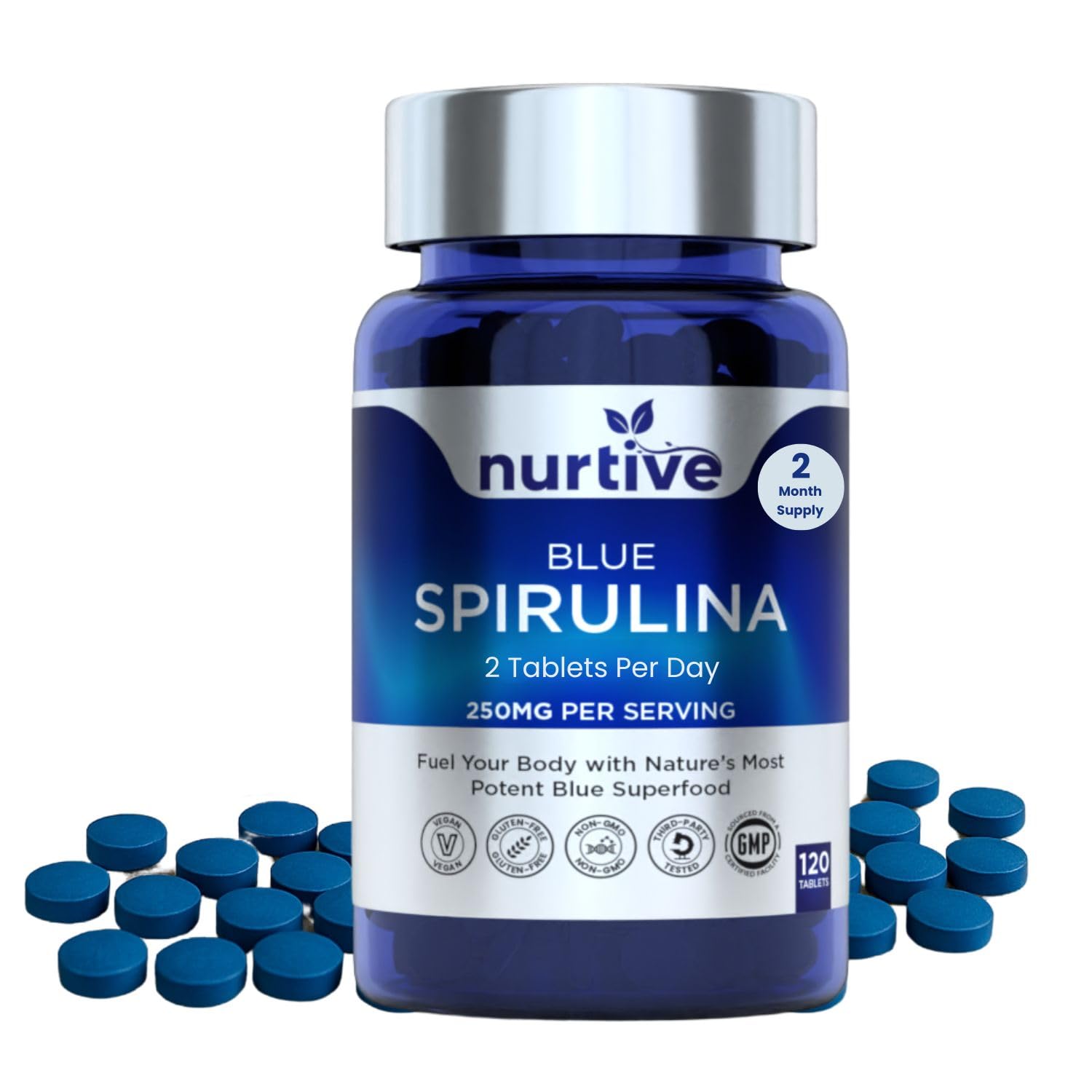 Blue Spirulina health supplement tablets