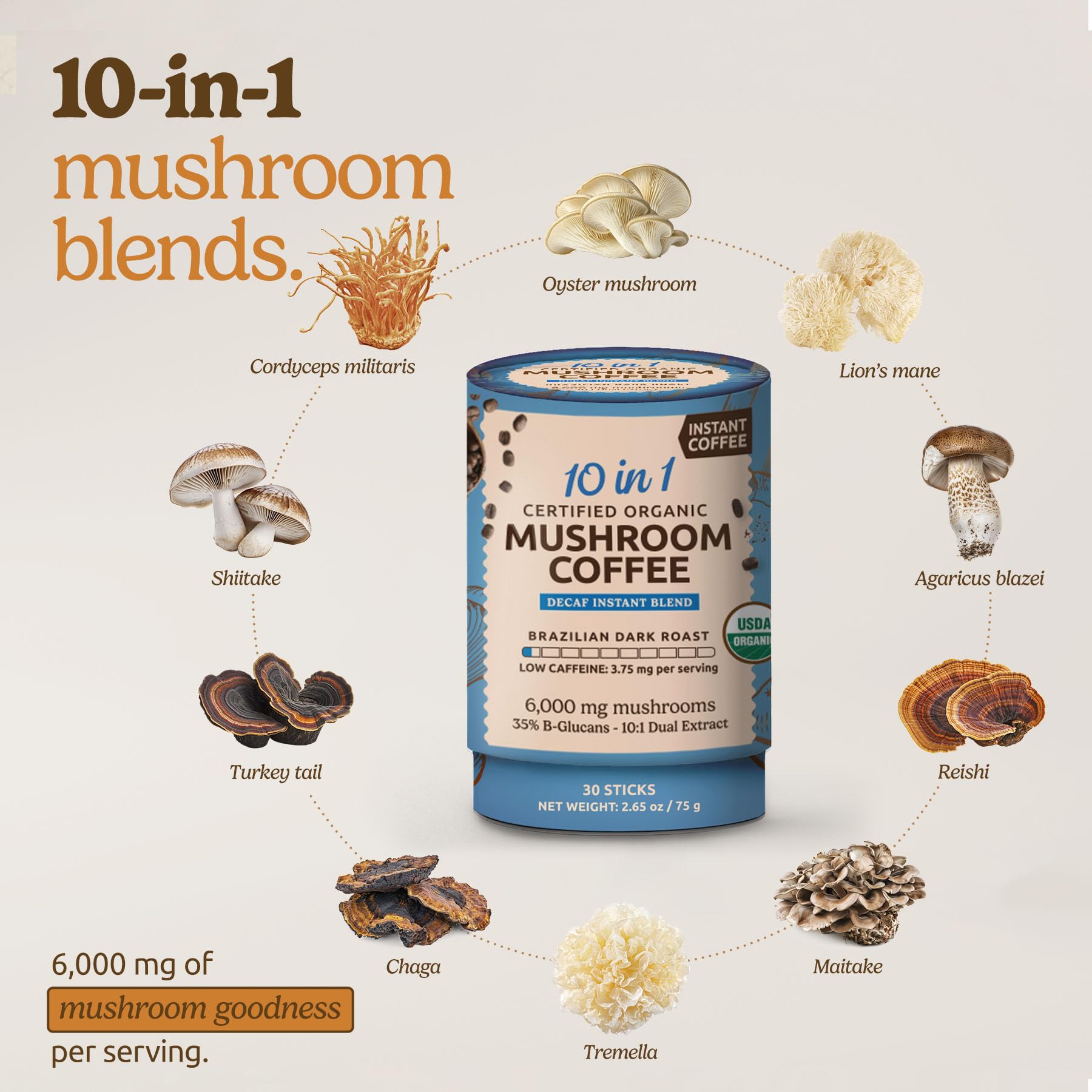 Brazilian dark roast mushroom beverage