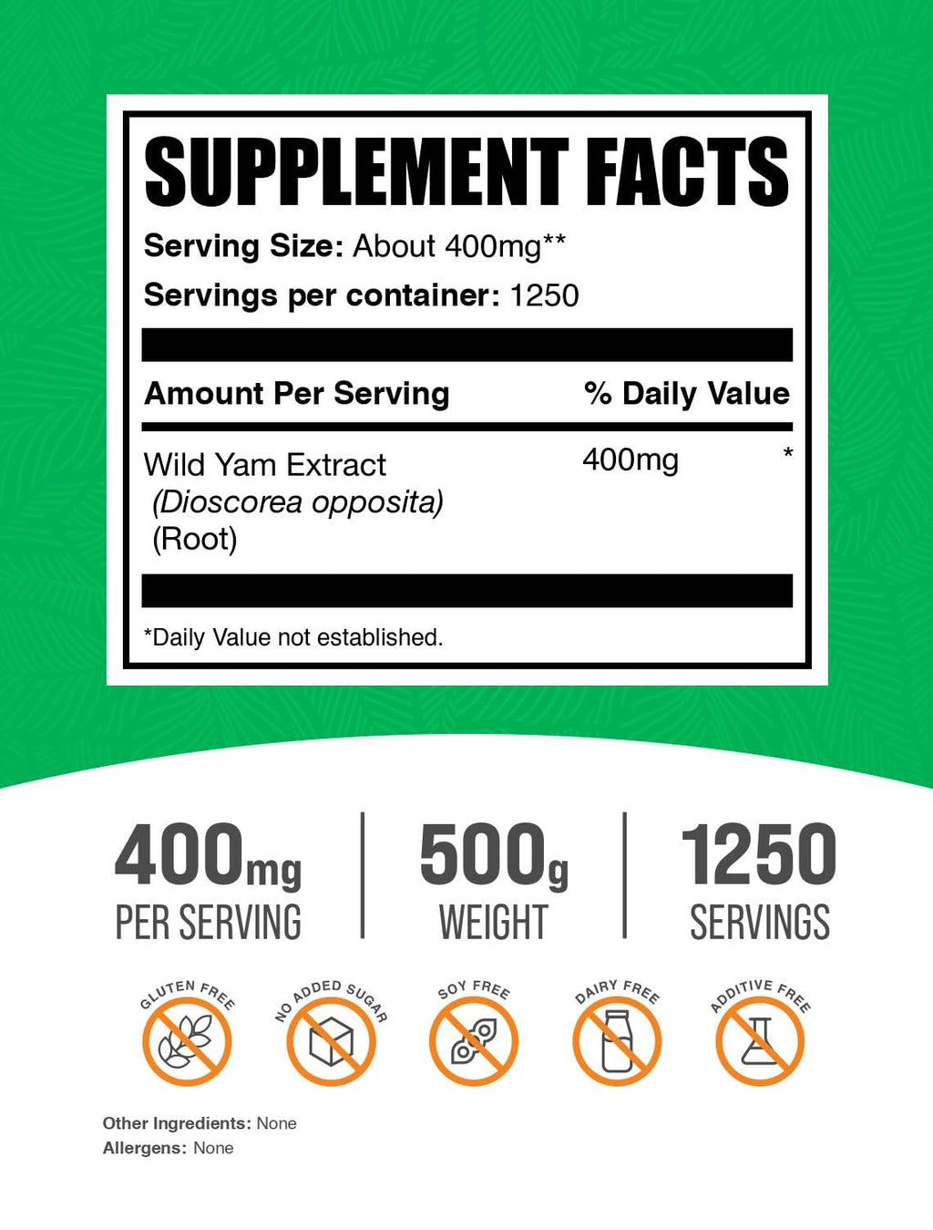 BulkSupplements.com Wild Yam Extract Powder - Herbal Supplement from Root, Gluten Free, 400mg per Serving, 500g (1.1 lbs) - Blended Vitamin & Mineral - 3