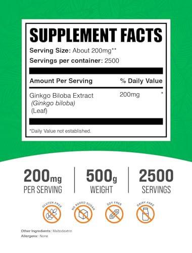 BulkSupplements Ginkgo Biloba Extract Powder - Antioxidant Herbal Supplement, Gluten Free, 200mg per Serving, 500g (1.1 lbs) - Supports Memory & - 4