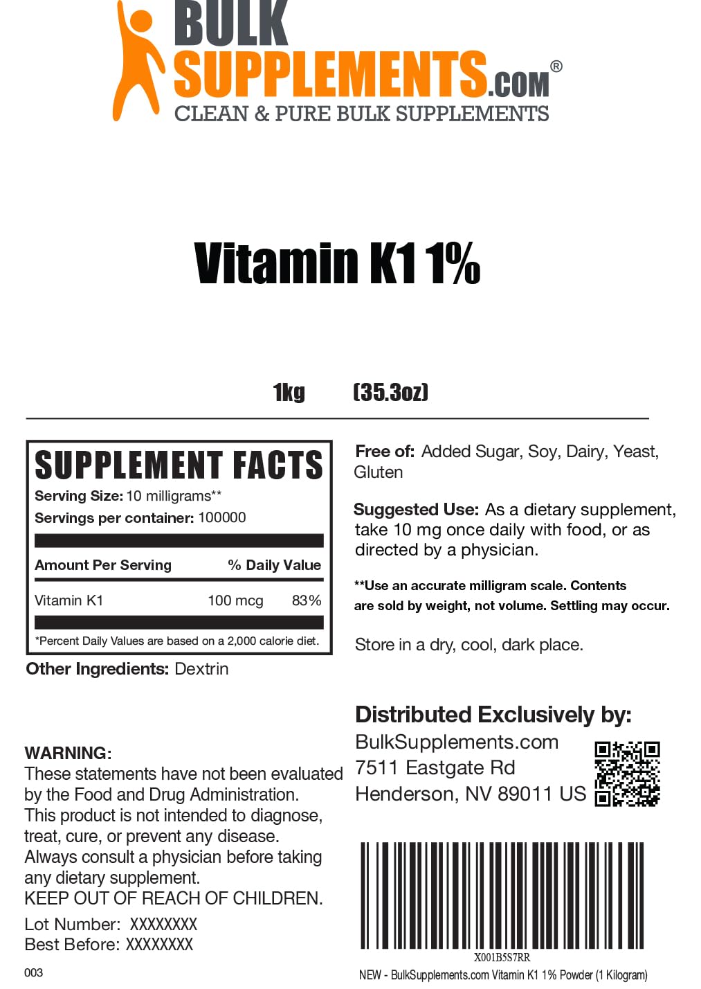 BulkSupplements Vitamin K1 for healthy skin