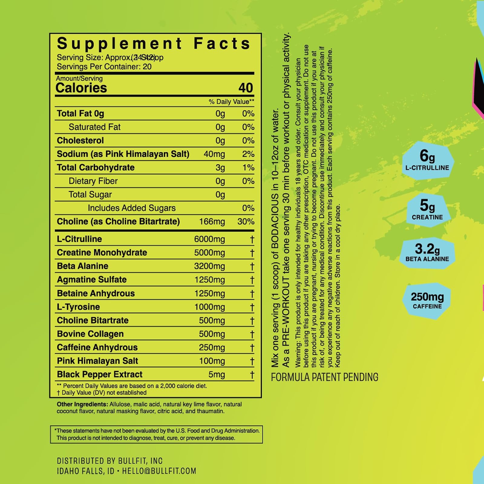 BULLFIT pre workout powder with L Citrulline