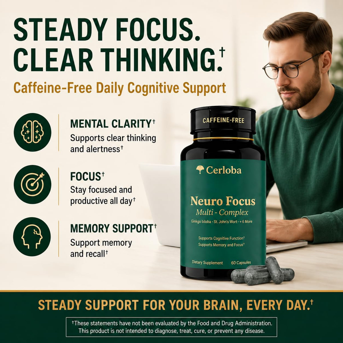Caffeine free focus support supplement