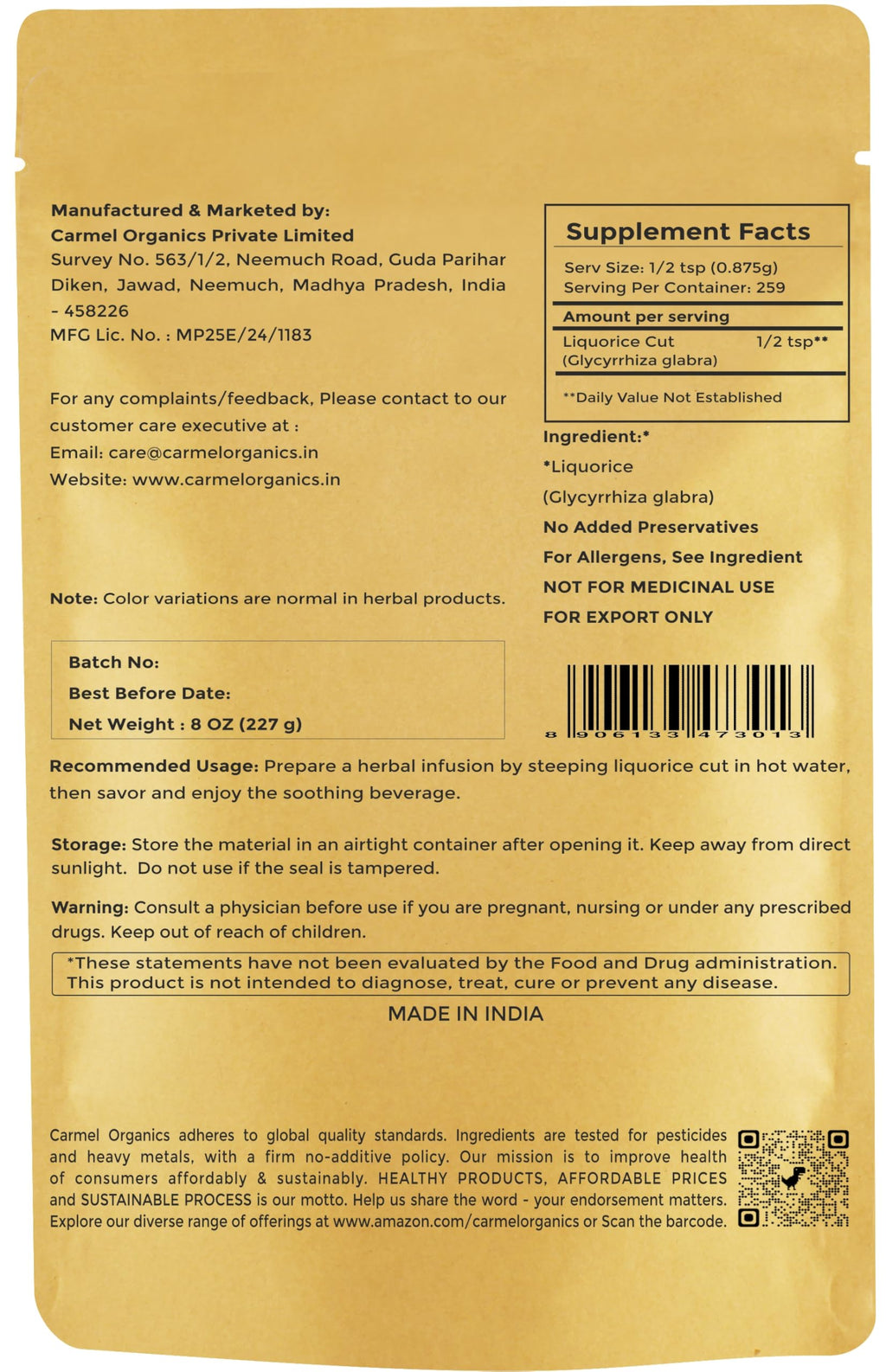 CARMEL ORGANICS licorice root herbal supplement