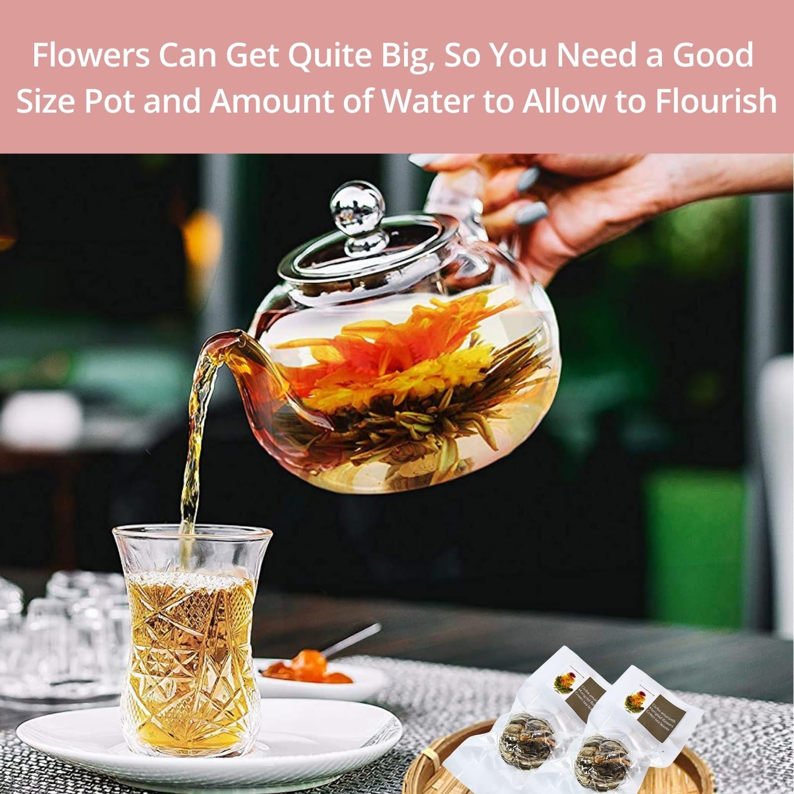 chamomile tea with blooming flowers
