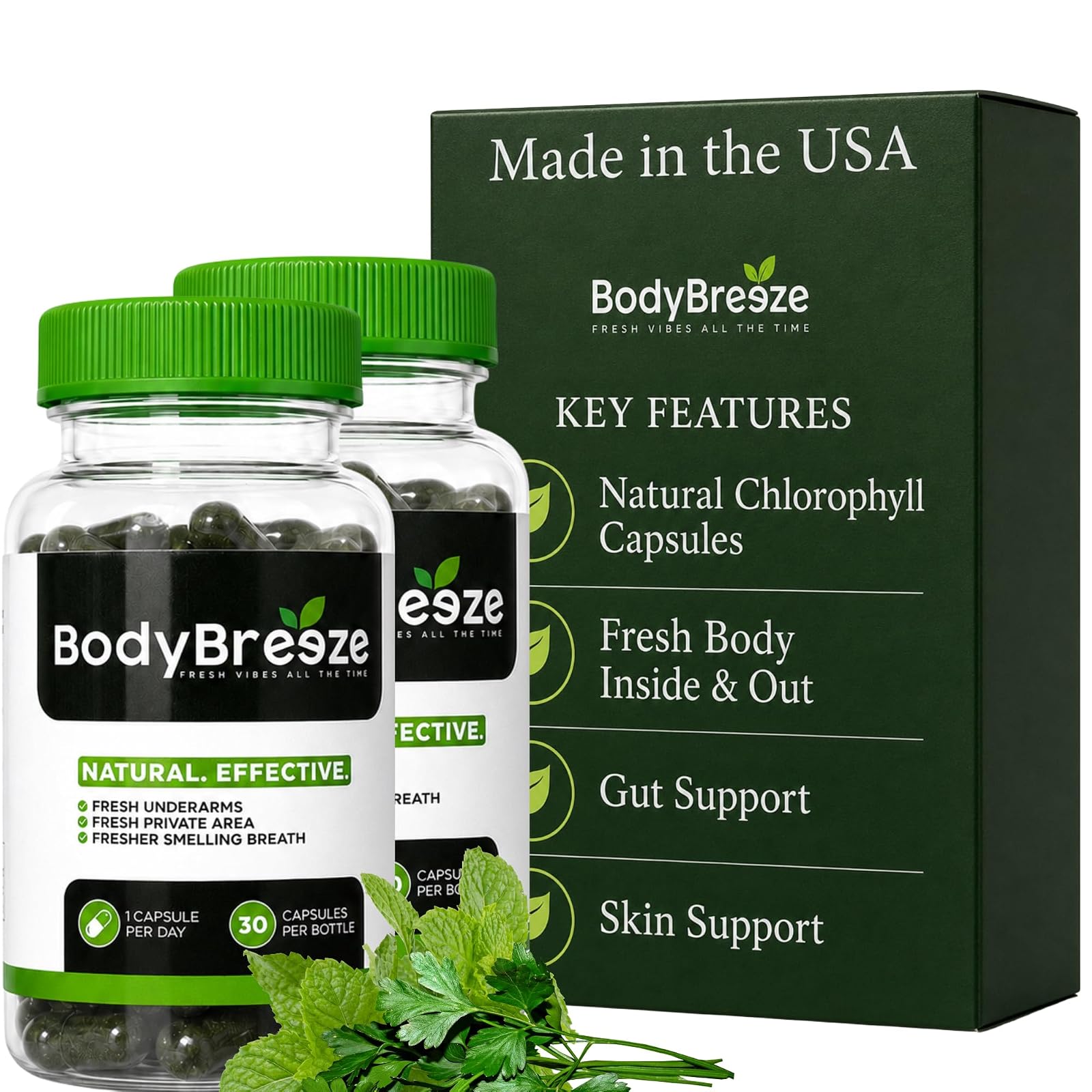 Chlorophyll internal deodorant capsules
