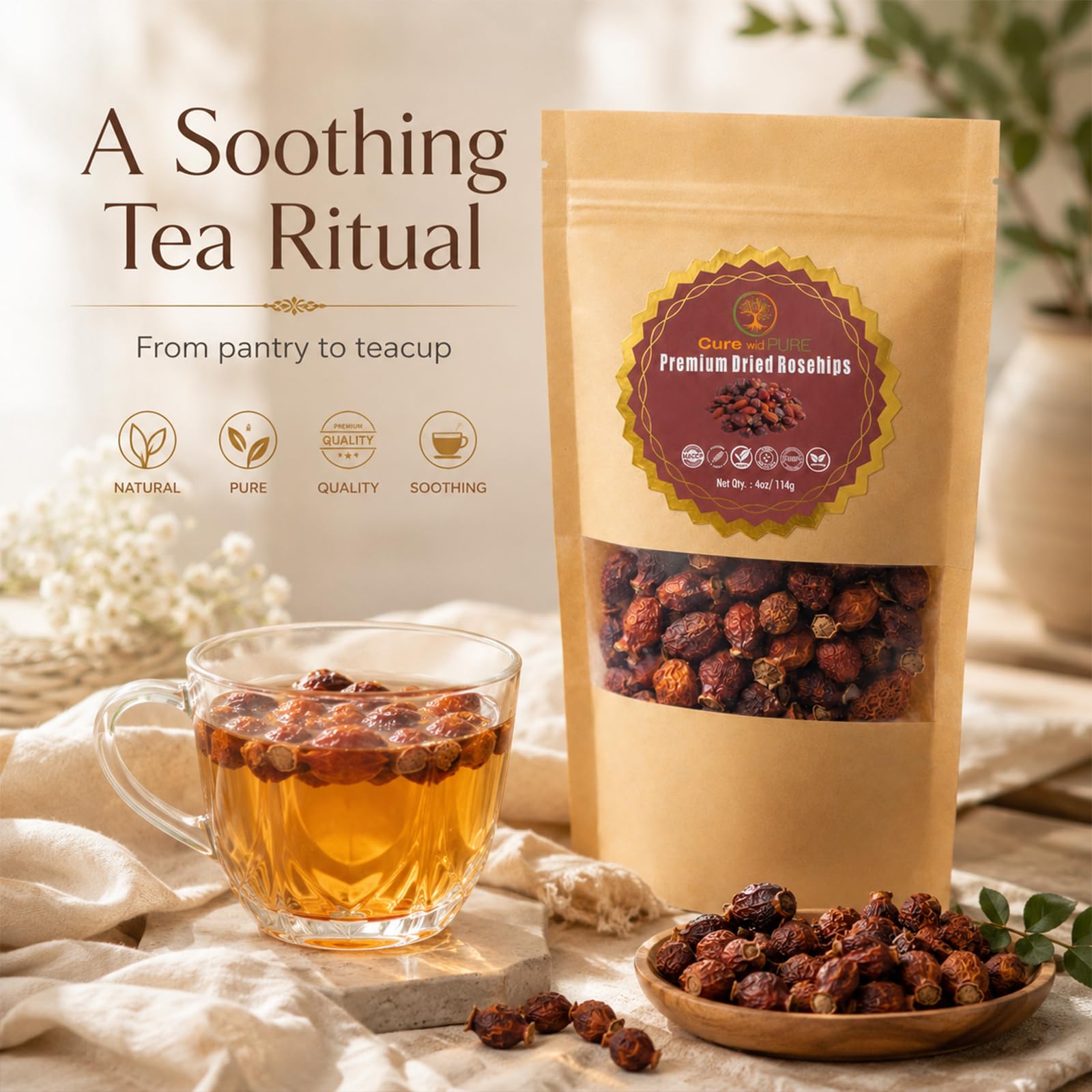 Cure wid dried rose hips packaging