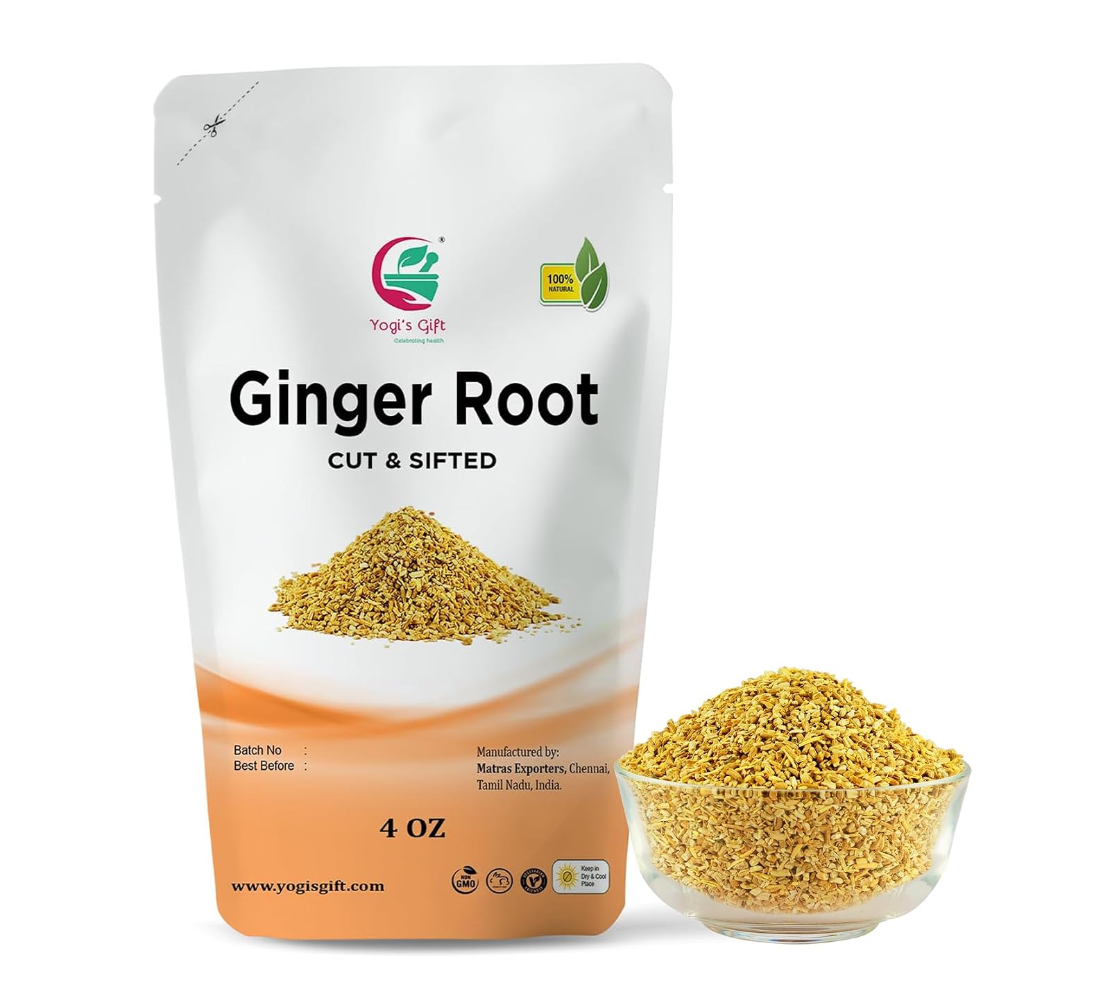 cut and sifted ginger root for tea