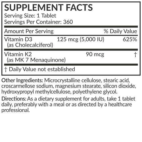 Daily vitamin D3 K2 supplement tablets