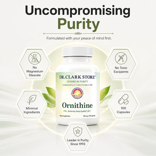 Dr. Clark Ornithine Dietary Supplement 500mg - 100 Gelatin Capsules for Natural Sleep Aid, Protein Metabolism, Detoxification - Non-GMO & Gluten Free - 10