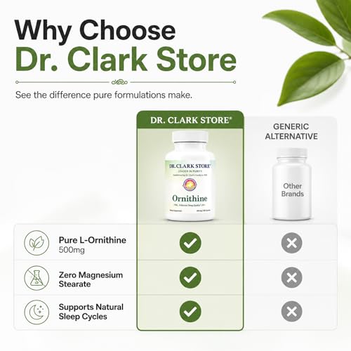 Dr. Clark Ornithine Dietary Supplement 500mg - 100 Gelatin Capsules for Natural Sleep Aid, Protein Metabolism, Detoxification - Non-GMO & Gluten Free - 14