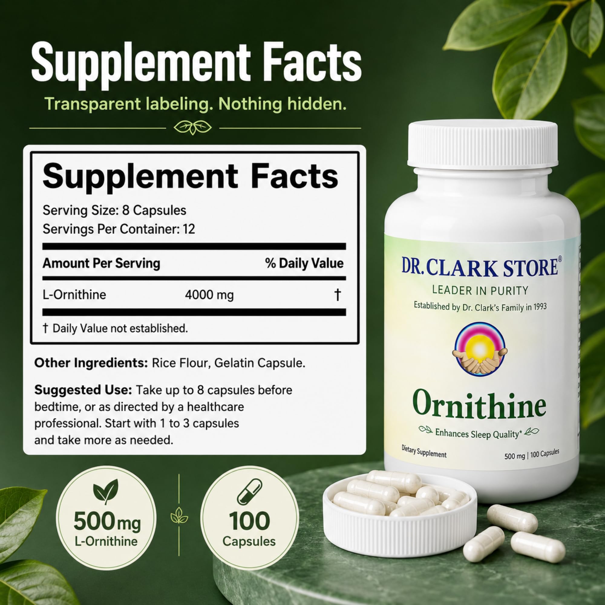 Dr. Clark Ornithine Dietary Supplement 500mg - 100 Gelatin Capsules for Natural Sleep Aid, Protein Metabolism, Detoxification - Non-GMO & Gluten Free - 17