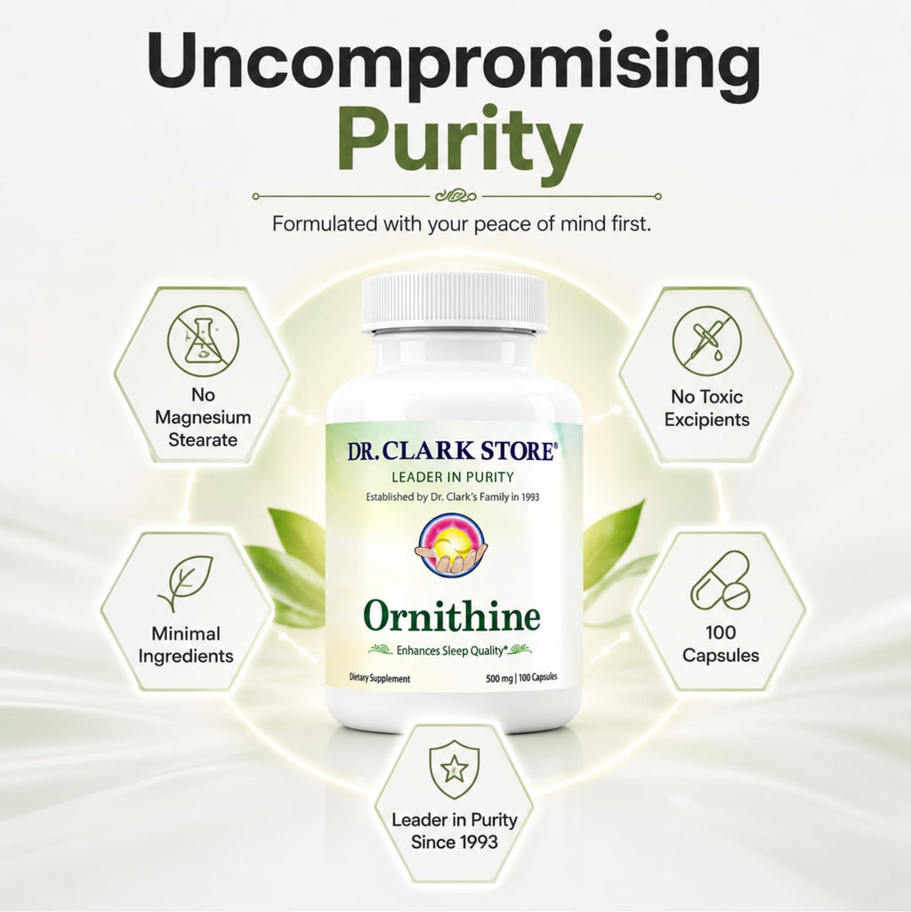 Dr. Clark Ornithine Dietary Supplement 500mg - 100 Gelatin Capsules for Natural Sleep Aid, Protein Metabolism, Detoxification - Non-GMO & Gluten Free - 9