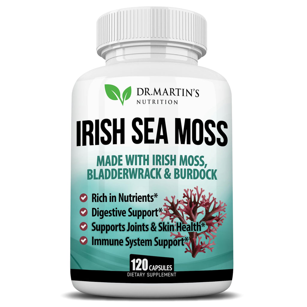 Dr. Martin's Irish Sea Moss Capsules 120 Count - Bladderwrack & Burdock Root | 2625mg Superfood Supplement for Immune, Gut, Thyroid & Energy Support, - 1