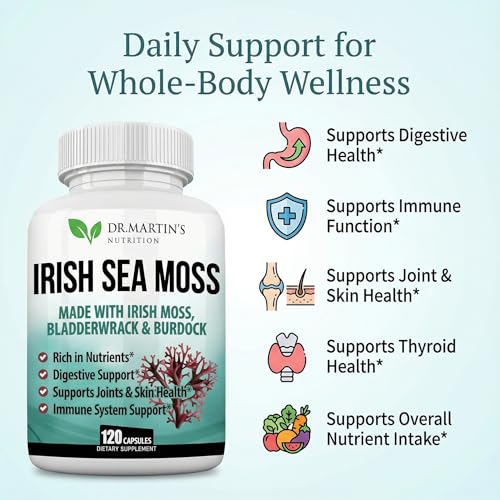 Dr. Martin's Irish Sea Moss Capsules 120 Count - Bladderwrack & Burdock Root | 2625mg Superfood Supplement for Immune, Gut, Thyroid & Energy Support, - 10