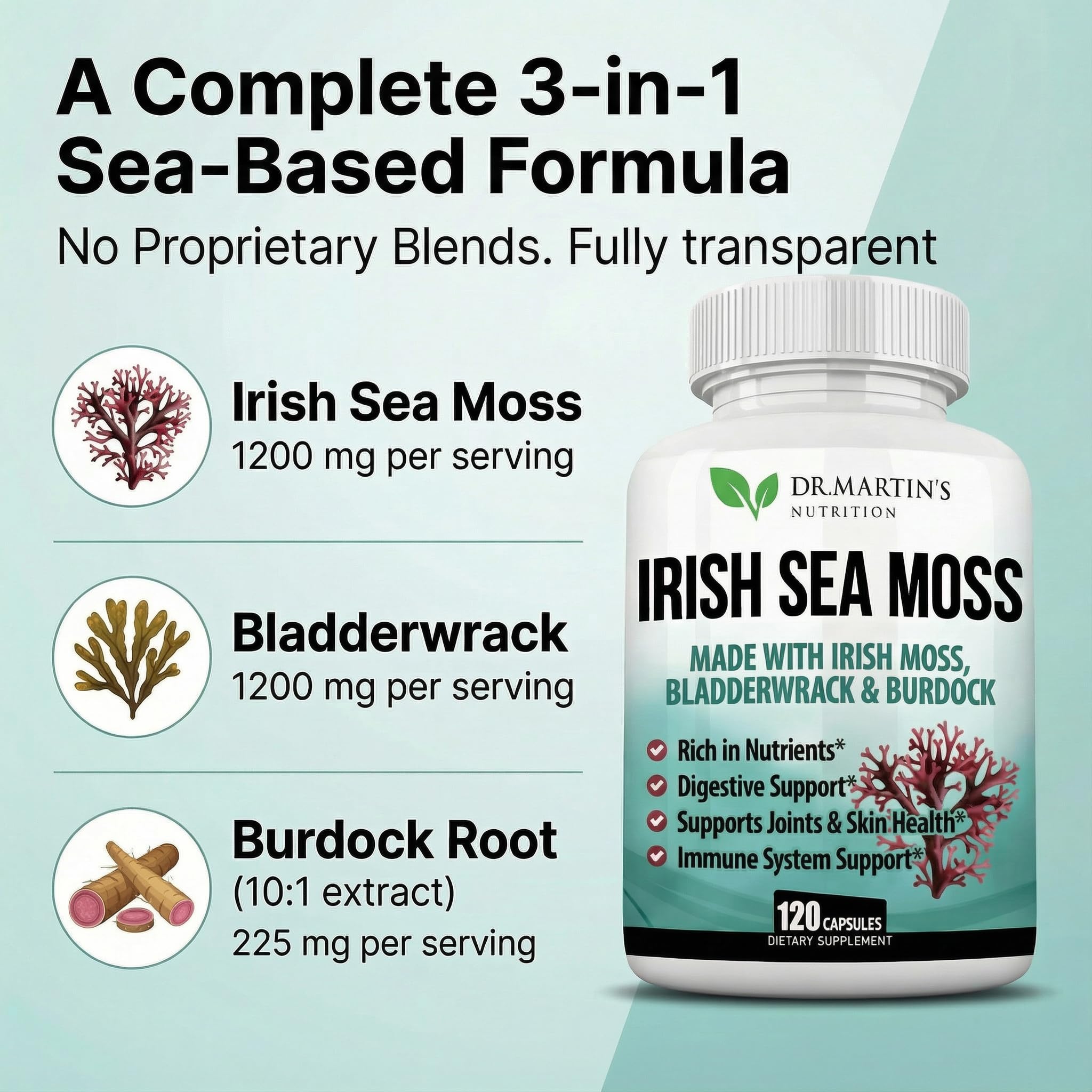 Dr. Martin's Irish Sea Moss Capsules 120 Count - Bladderwrack & Burdock Root | 2625mg Superfood Supplement for Immune, Gut, Thyroid & Energy Support, - 7