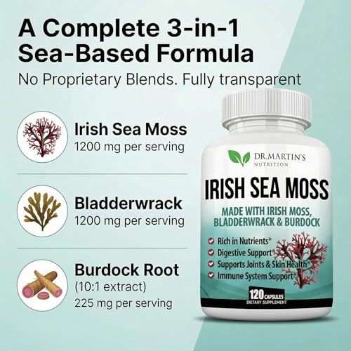 Dr. Martin's Irish Sea Moss Capsules 120 Count - Bladderwrack & Burdock Root | 2625mg Superfood Supplement for Immune, Gut, Thyroid & Energy Support, - 8