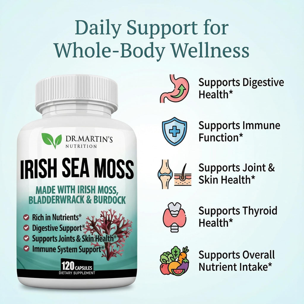 Dr. Martin's Irish Sea Moss Capsules 120 Count - Bladderwrack & Burdock Root | 2625mg Superfood Supplement for Immune, Gut, Thyroid & Energy Support, - 9