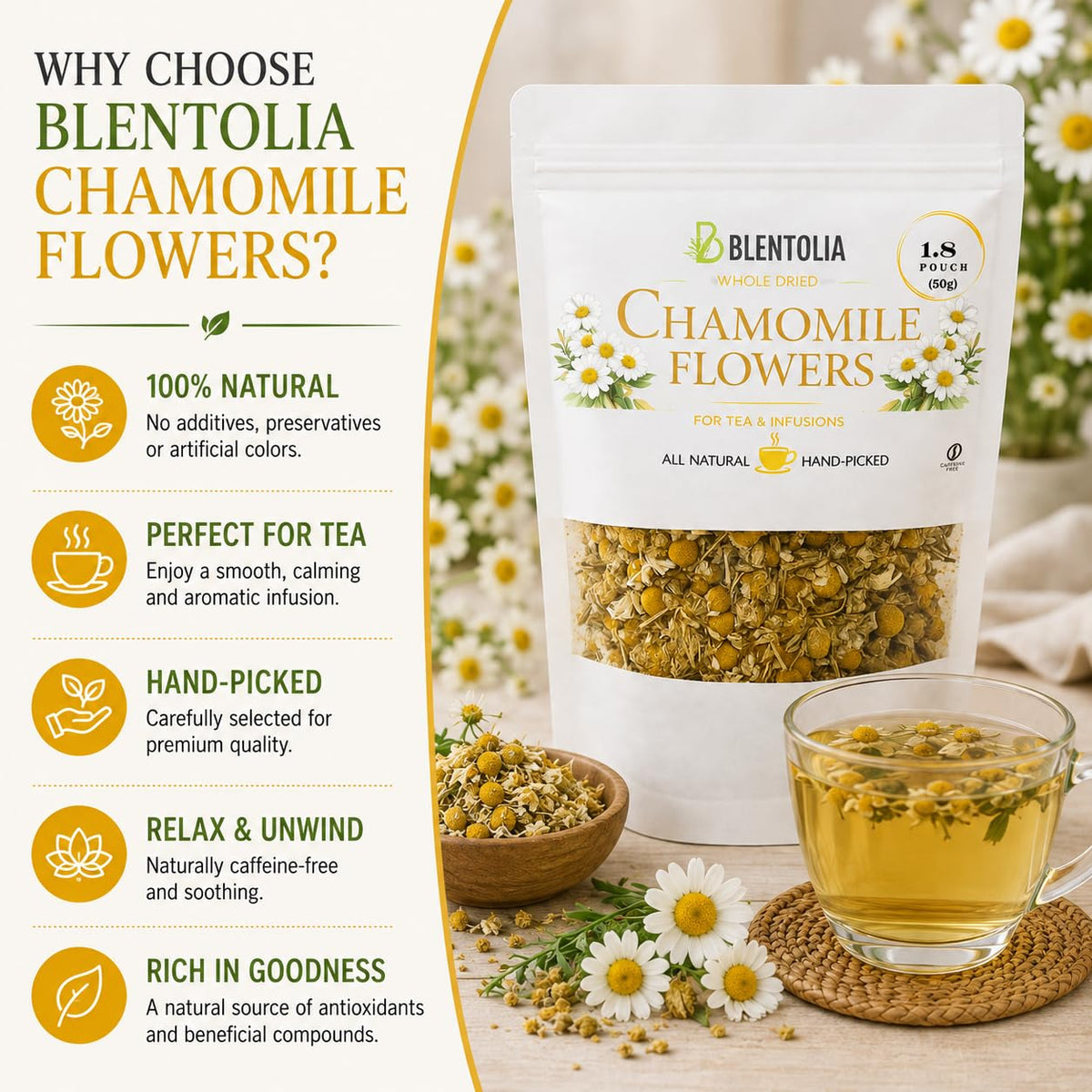 Dried chamomile flowers for soothing sleep