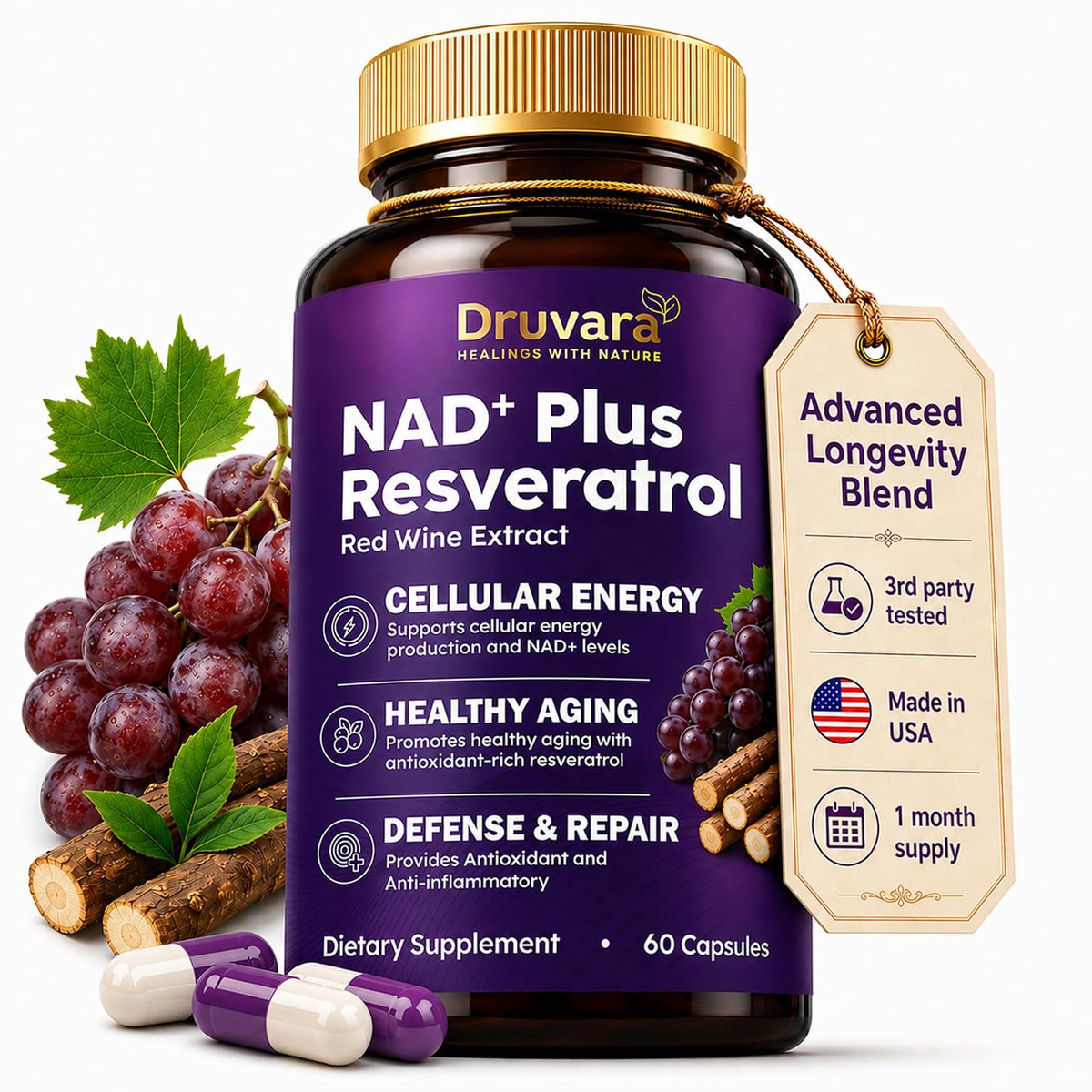 Druvara NAD Resveratrol antioxidant capsules