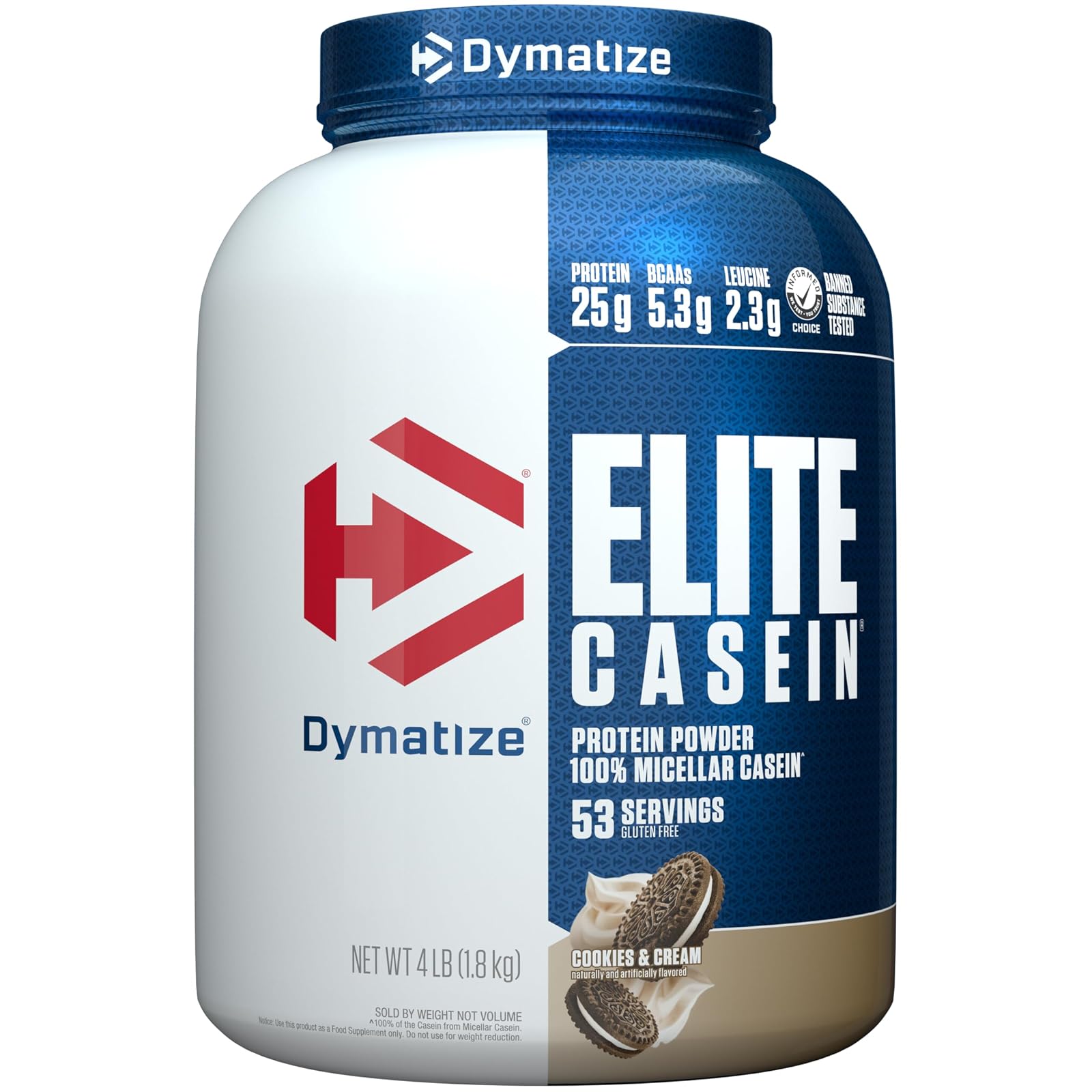 Dymatize casein protein powder cookies and cream